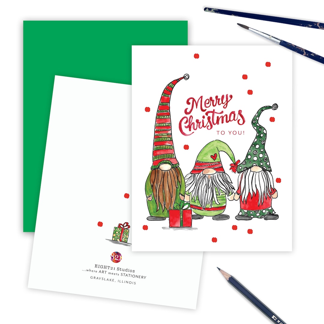 Gnome Christmas Cards, Merry Christmas Gnome Cards, Gnome Holiday Cards ...