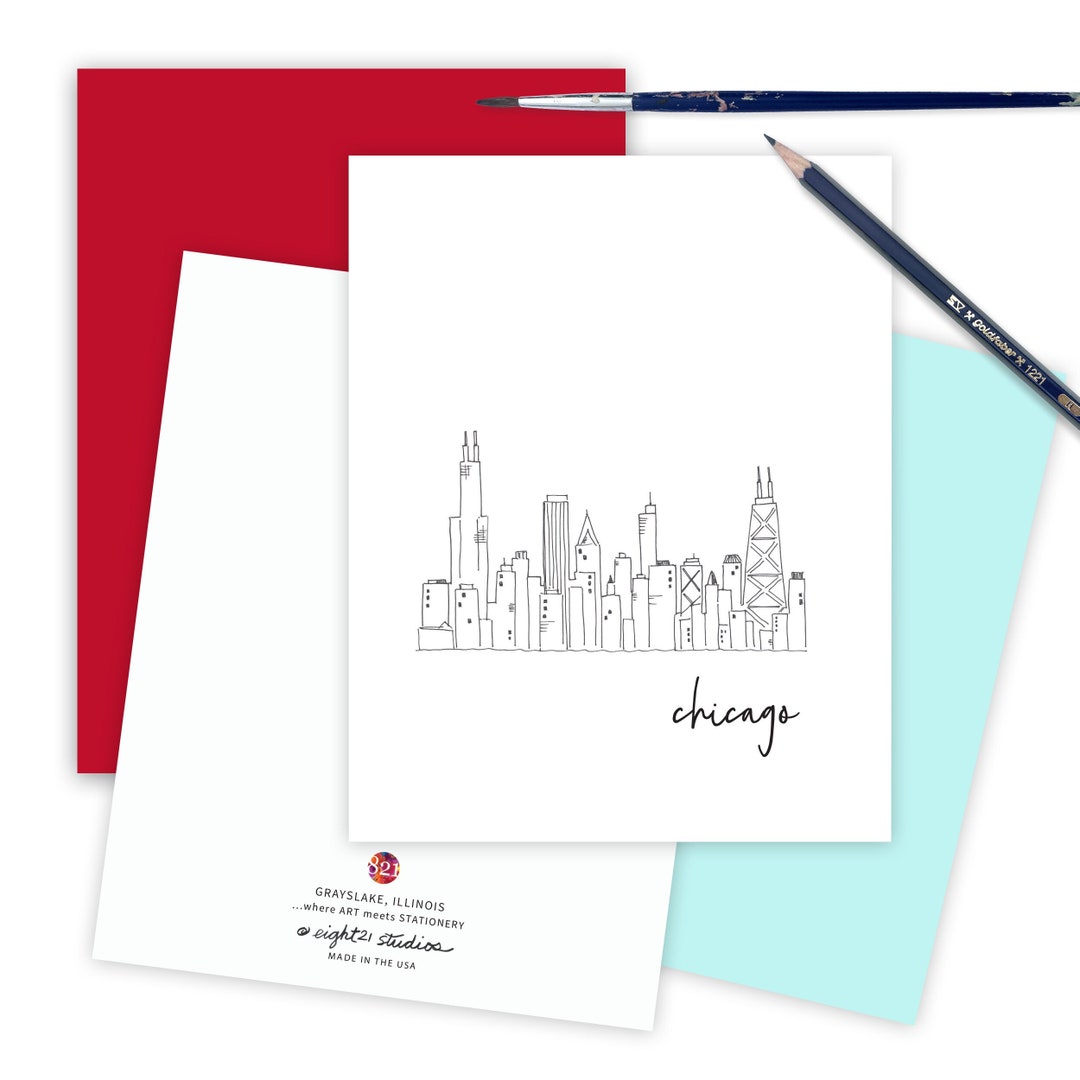 Chicago Skyline Art, Chicago Art Stationery Set of 10 Folded Notes With ...