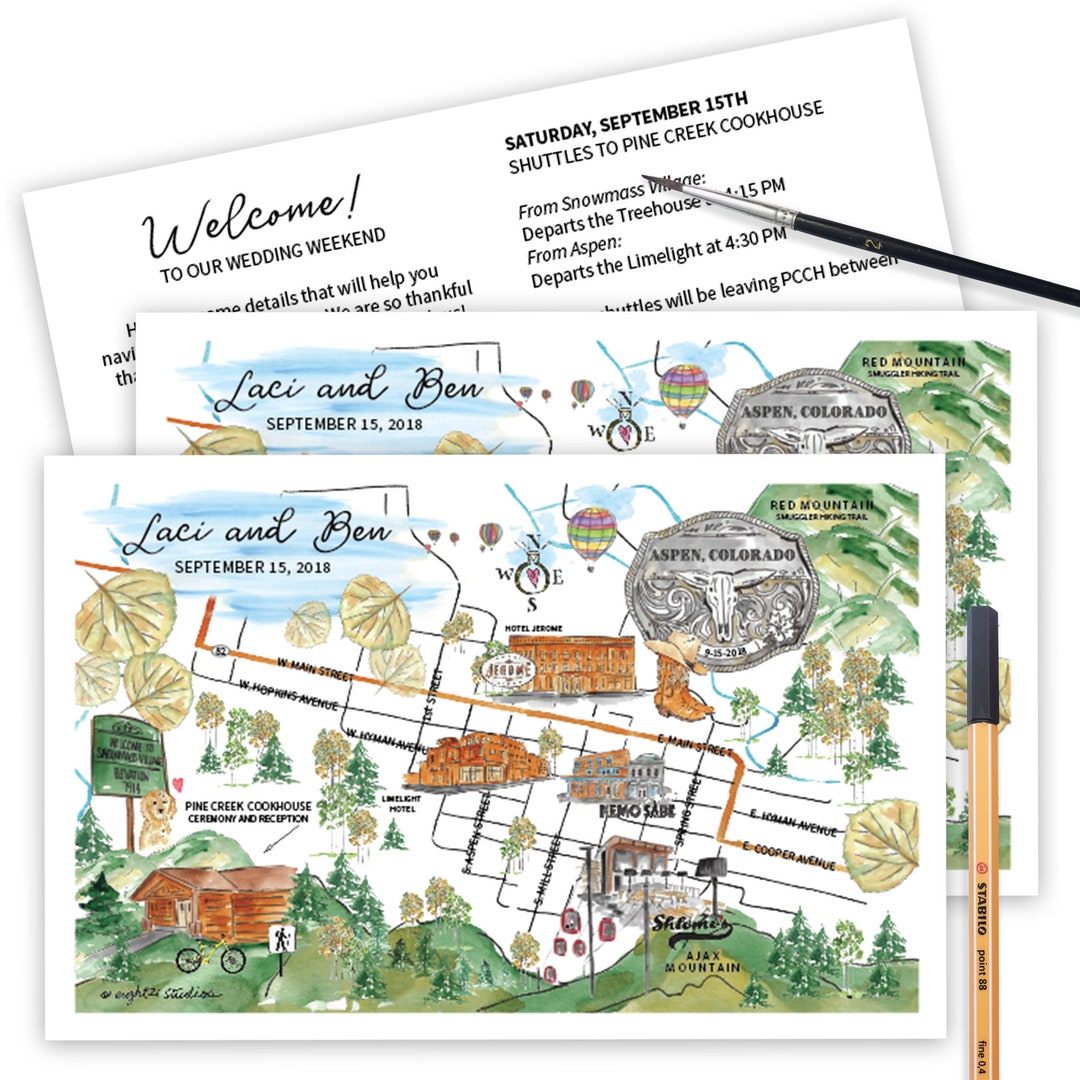 Aspen Colorado Custom Wedding Maps, Personalized Maps, Watercolor ...