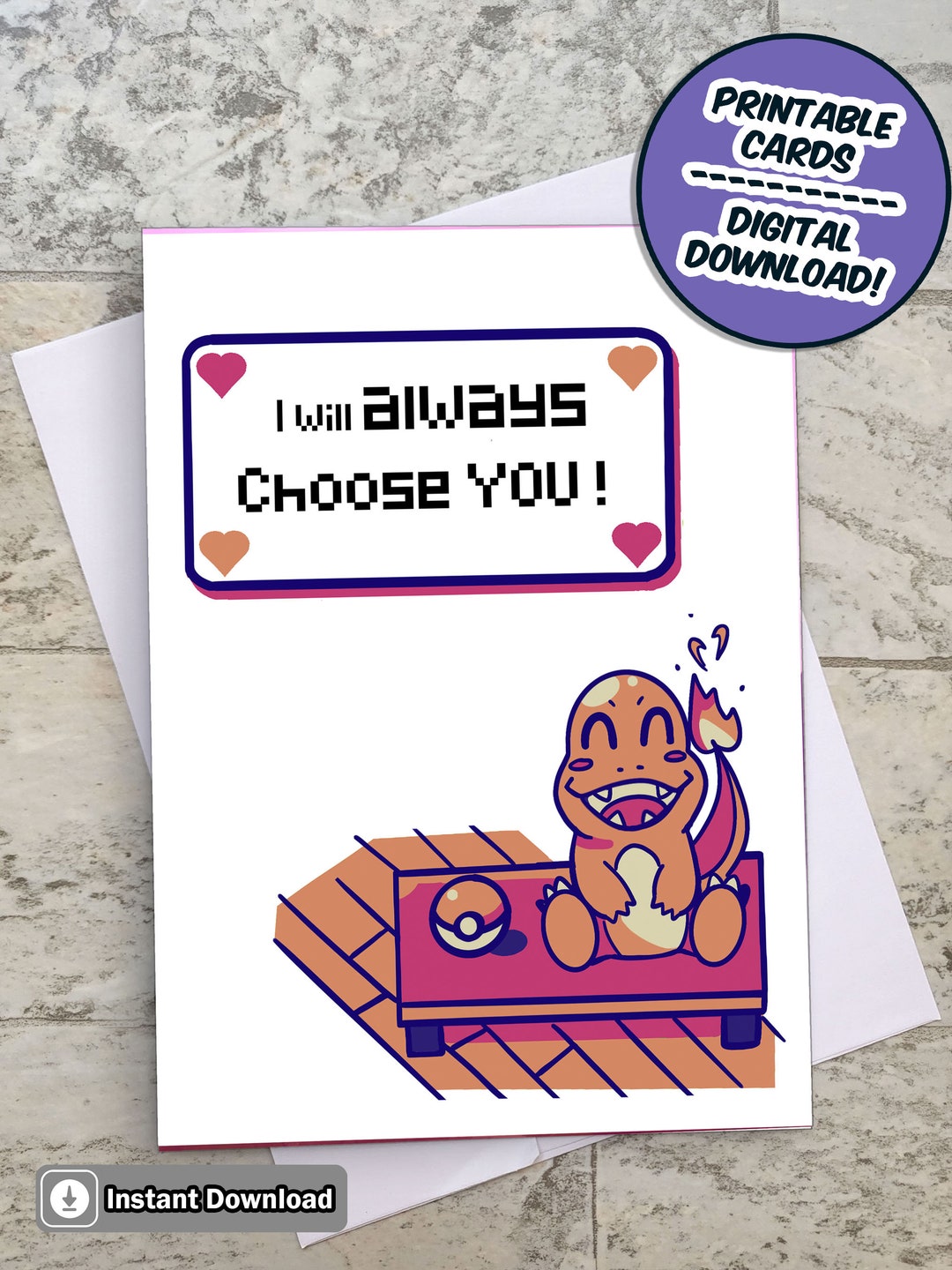 Printable Charmander Greeting Card Pokemon Valentines Digital Download ...