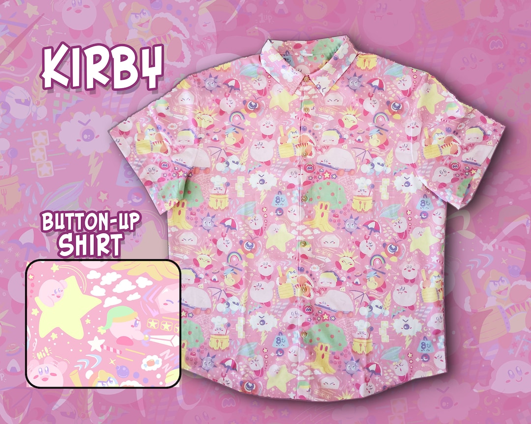 PINK Kirby Pattern Button up Shirt Sizes S-4X | Video Games, Nintendo ...