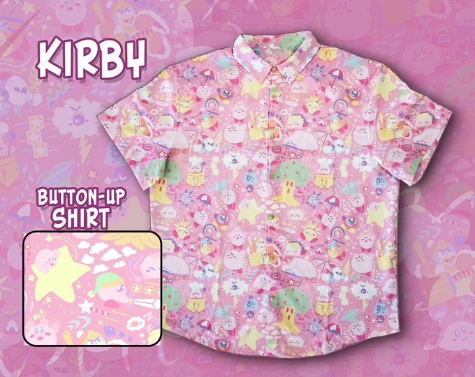 PINK Kirby Pattern Button up Shirt Sizes S-4X | Video Games, Nintendo ...