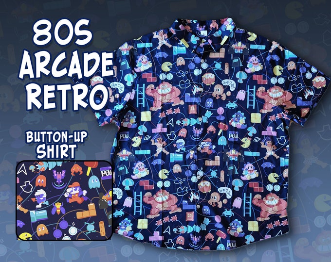 80s RETRO ARCADE Pattern Button up Shirt Sizes S-3X | Video Games ...