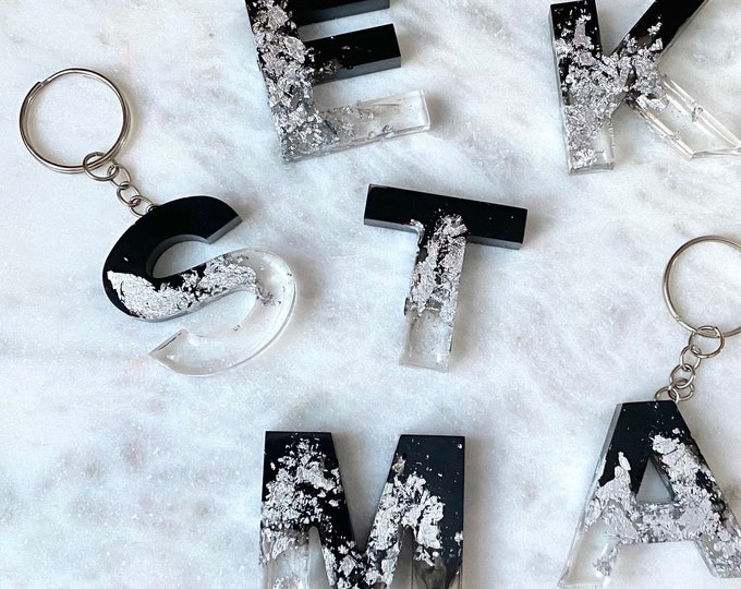 Glam Black, Clear and Silver Initial Keychain | Resin Initial Keychain ...