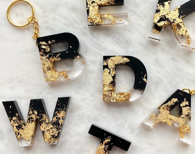 Glam Black, Clear and Gold Initial Keychain | Resin Initial Keychain ...