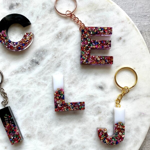 Glam Black, Clear and Gold Initial Keychain Resin Initial Keychain ...