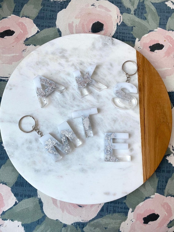 Glam White Clear and Silver Initial Keychain Resin Initial | Etsy