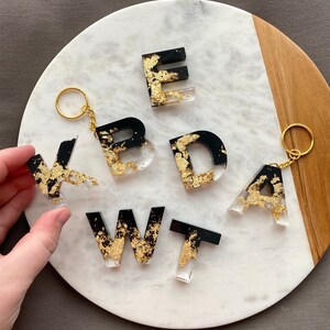 Glam Black, Clear and Gold Initial Keychain | Resin Initial Keychain ...
