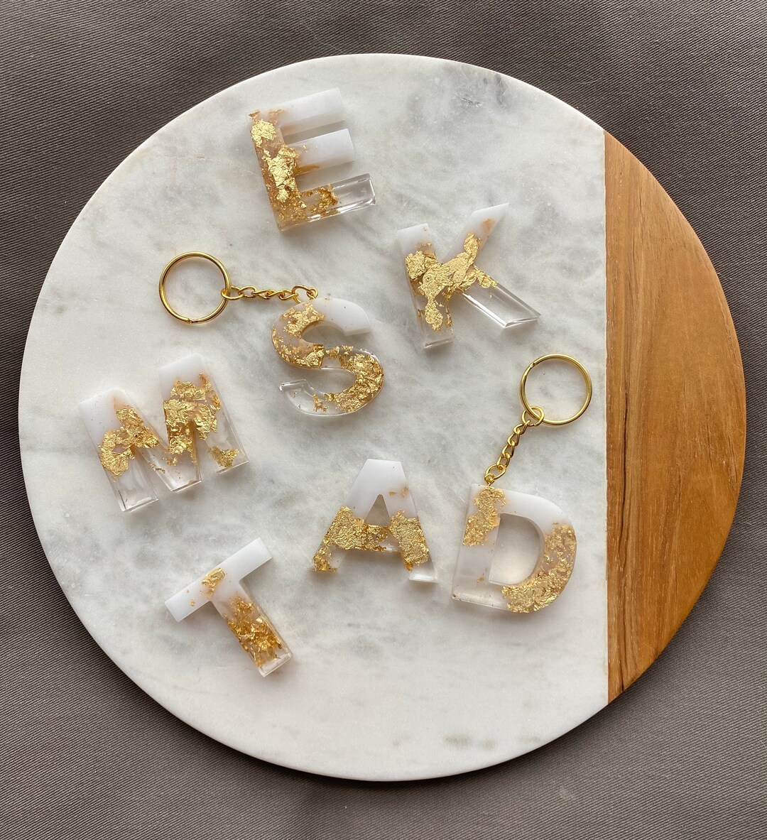 Glam White, Clear and Gold Initial Keychain Resin Initial Keychain ...