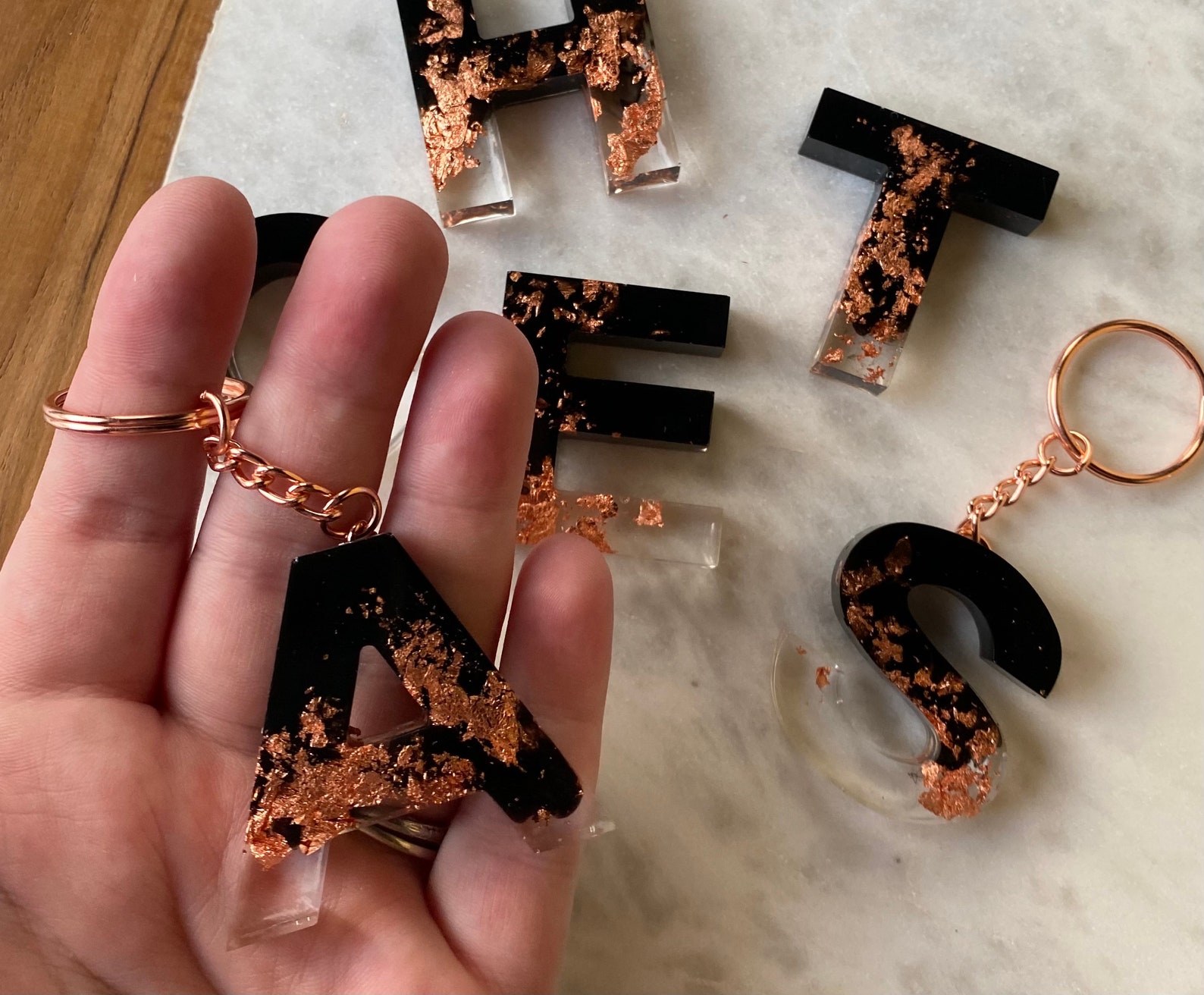 Glam Black Clear and Rose Gold Initial Keychain Initial - Etsy