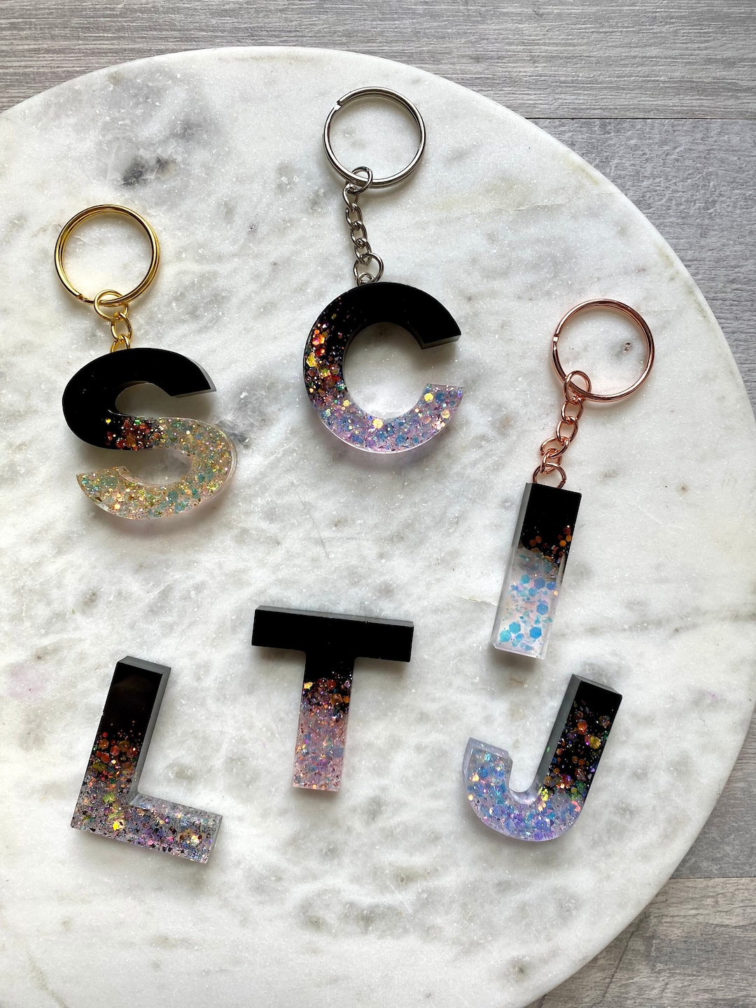 Black, Clear & Opal Resin Letter Keychain; Resin Alphabet Keychains ...