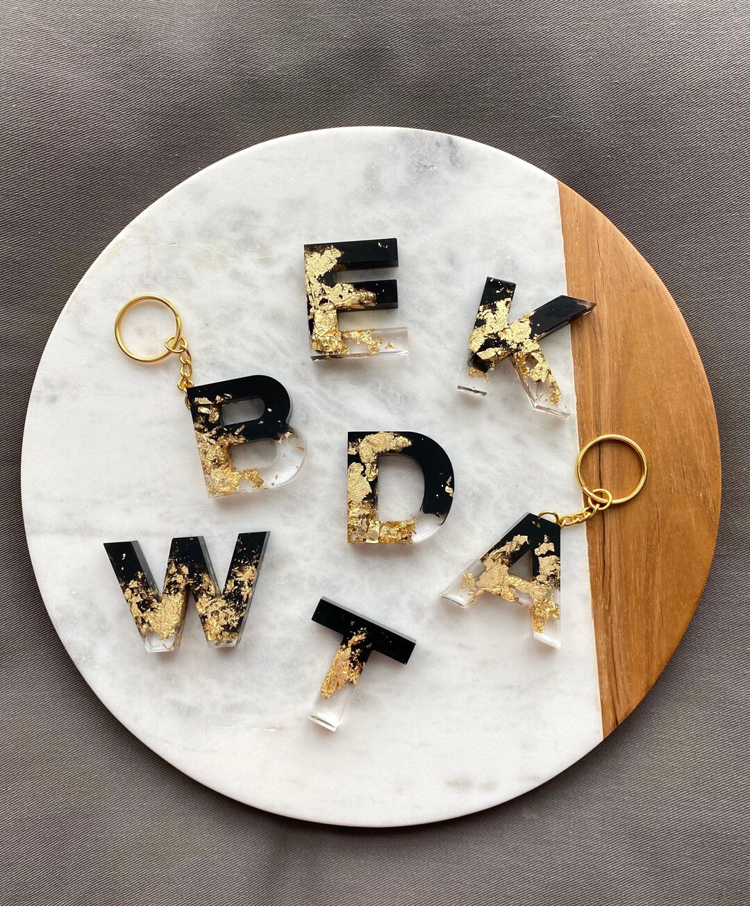 Glam Black, Clear and Gold Initial Keychain | Resin Initial Keychain ...
