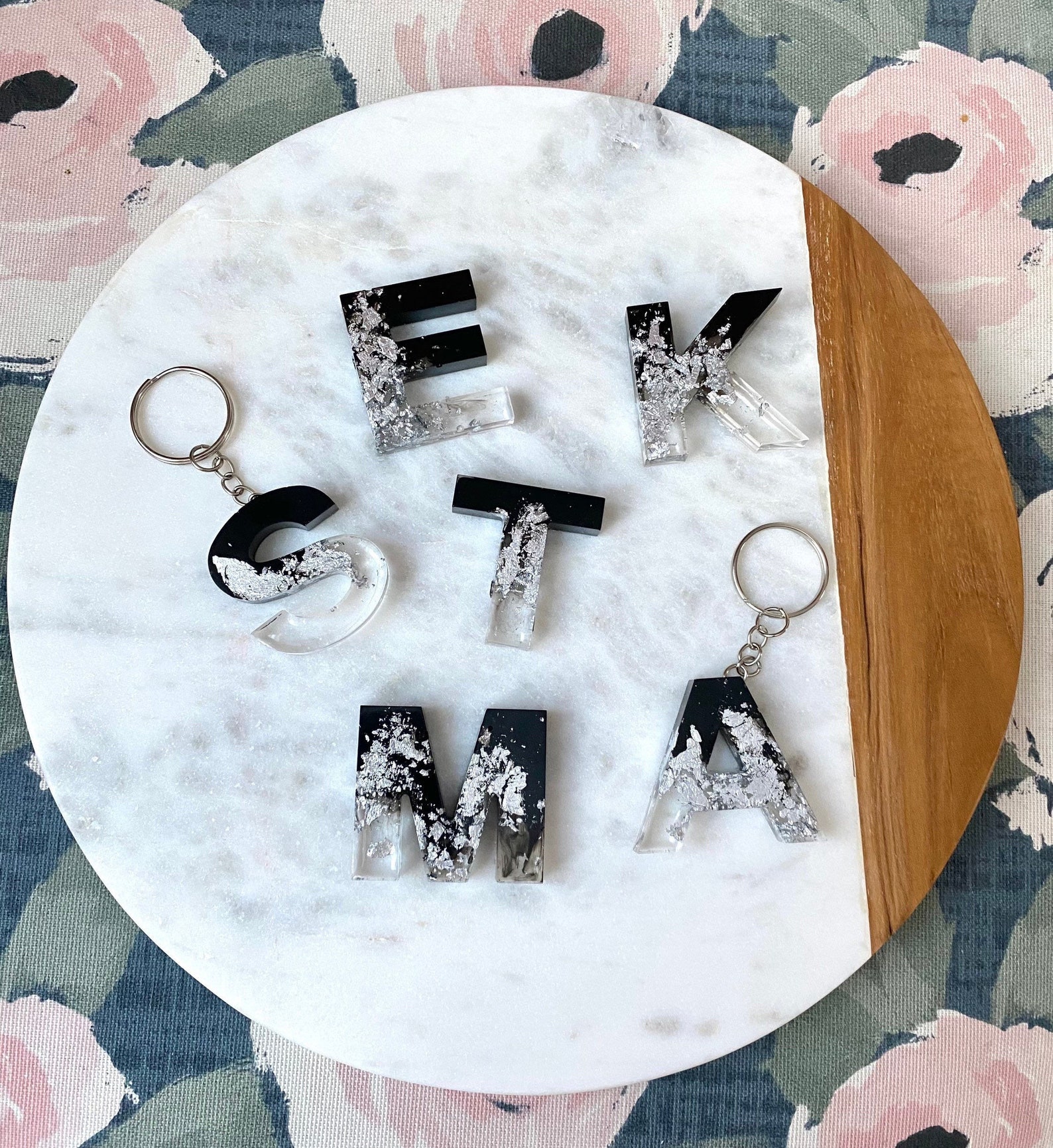 Glam Black Clear and Silver Initial Keychain Resin Initial - Etsy