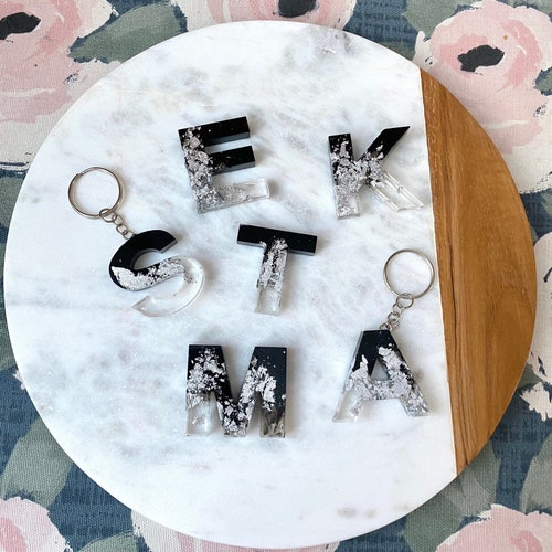 Glam Black Clear and Silver Initial Keychain Resin Initial - Etsy
