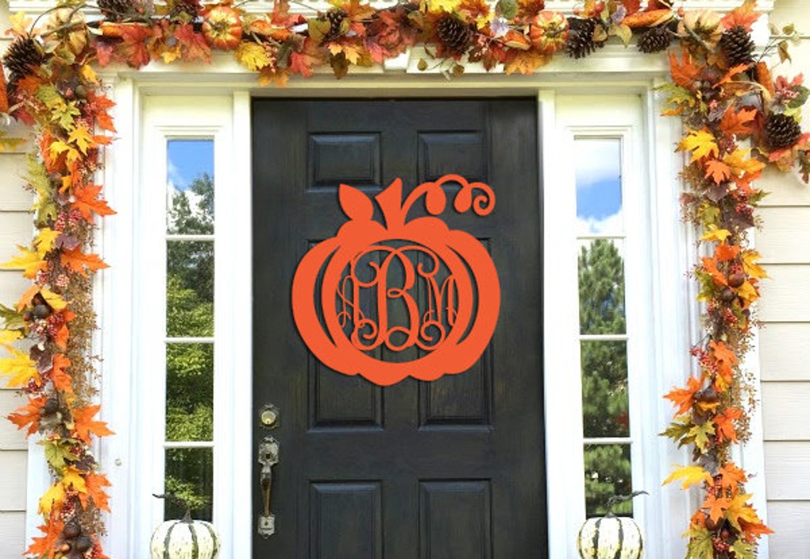 Front Door Decor - Fall Wreath - Wooden Pumpkin Monogram - Thanksgiving ...