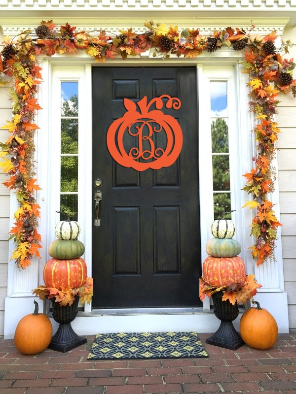 Front Door Decor - Fall Wreath - Wooden Pumpkin Monogram - Thanksgiving ...