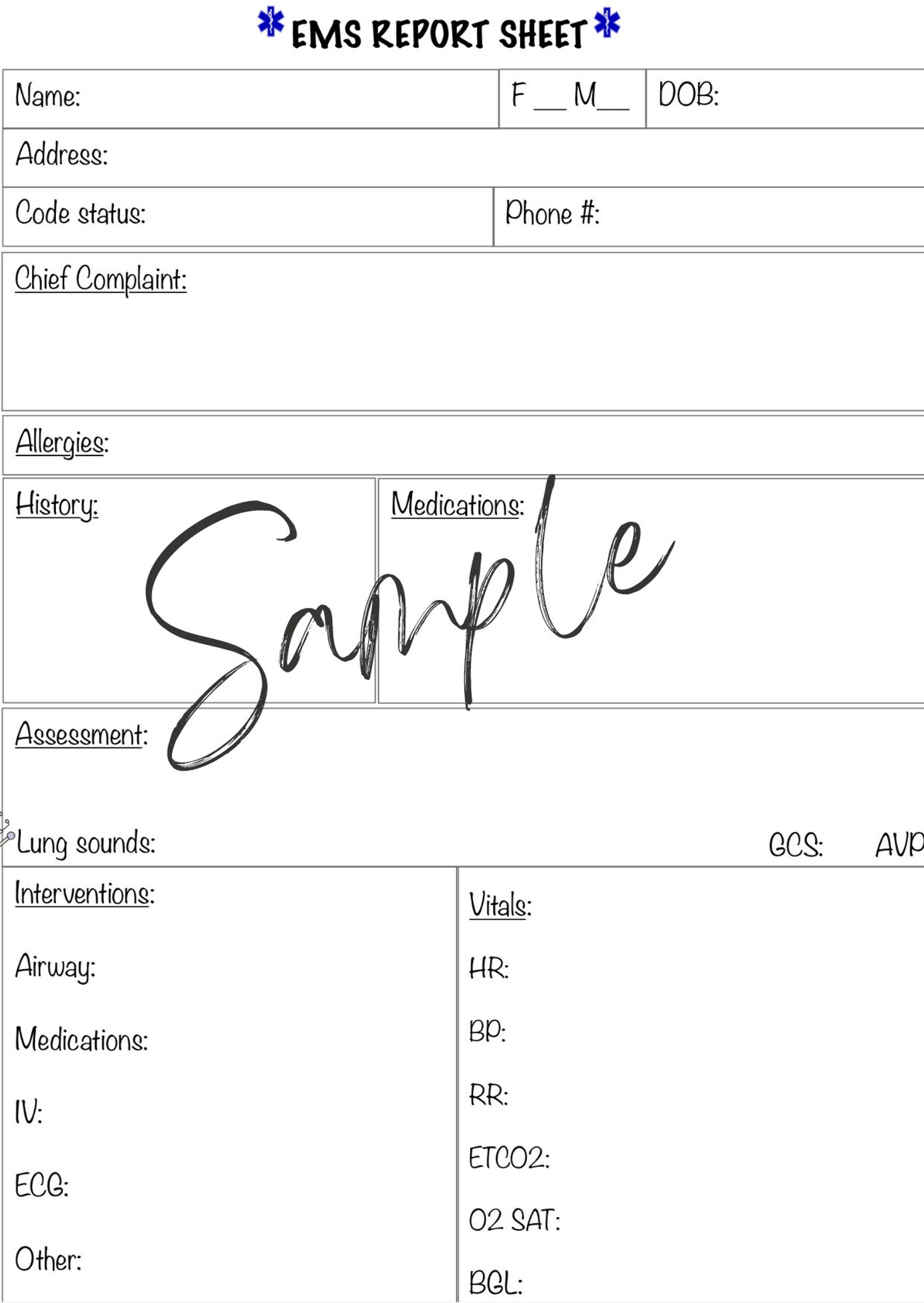 Paramedic EMS Printable PDF Report Sheet, Emergency Medical Services ...
