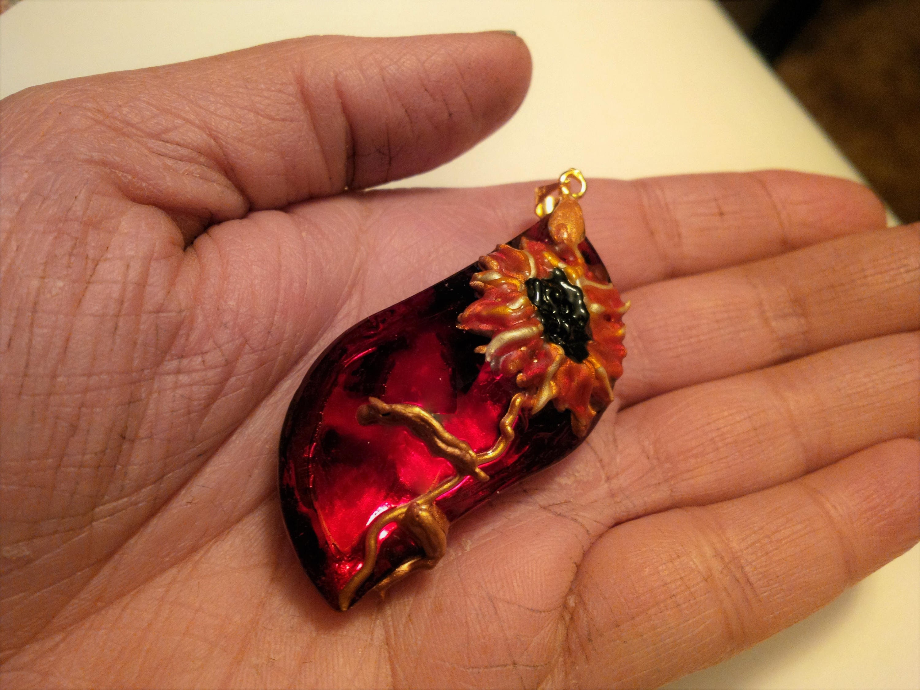 Red Crystal Sunflower - Hand Painted Crystal Pendant - Etsy