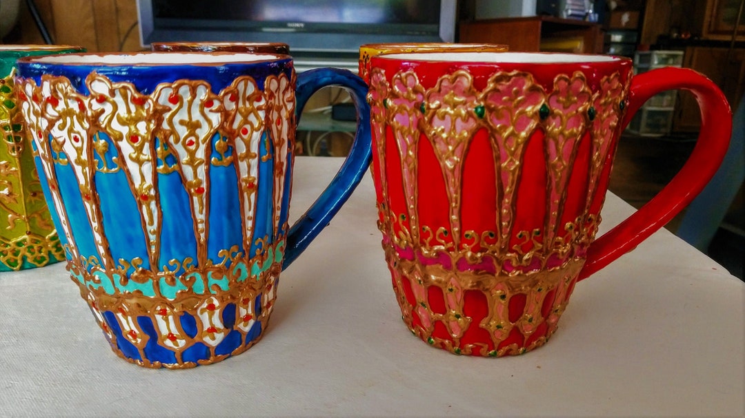 Indian Rainbow Set of 5 Porcelain Hand Painted Mugs Moroccan Henna - Etsy