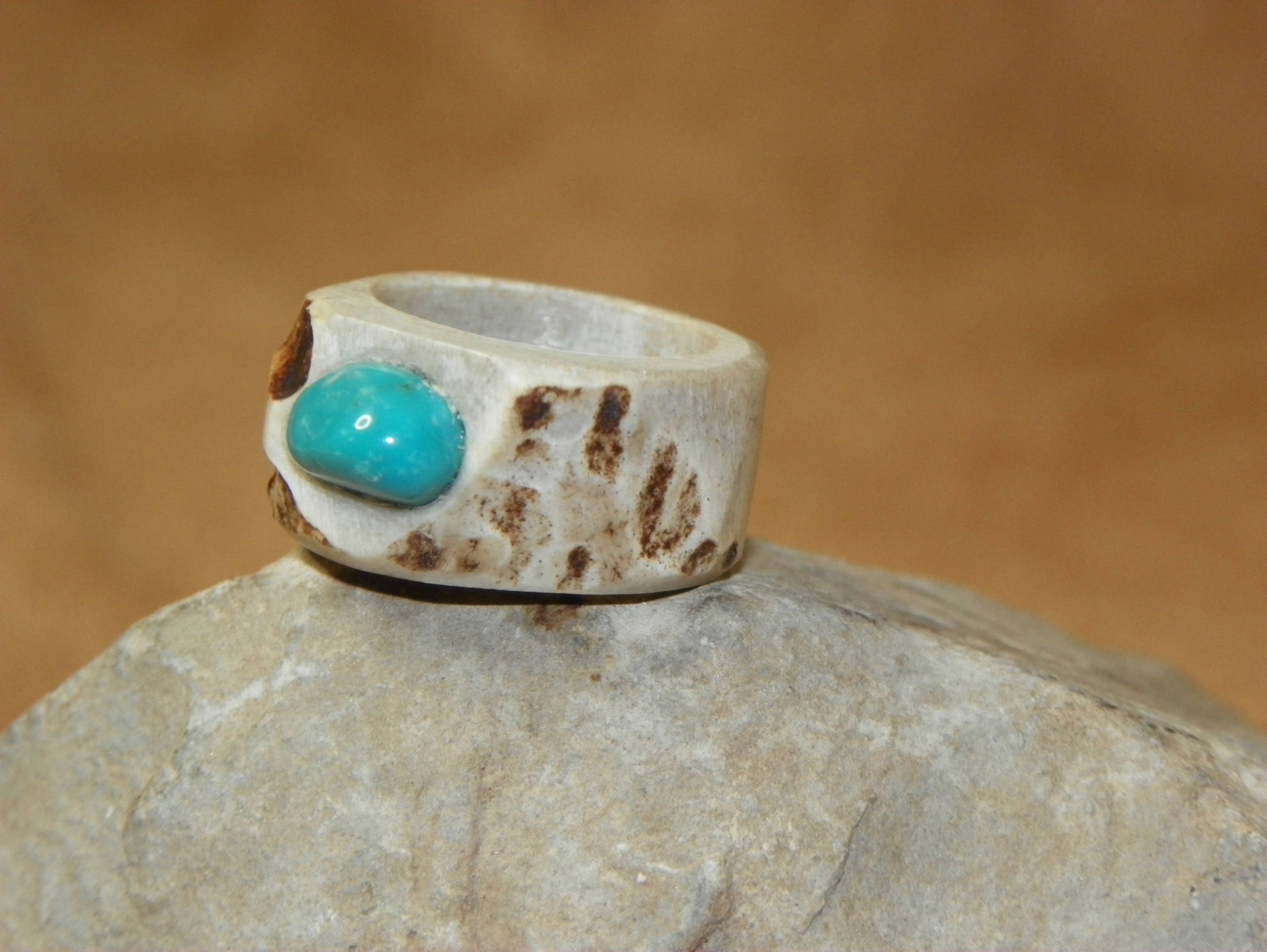 Antler Ring W/Turquoise Inlay, Natural Whitetail Deer Antler Bone Ring ...