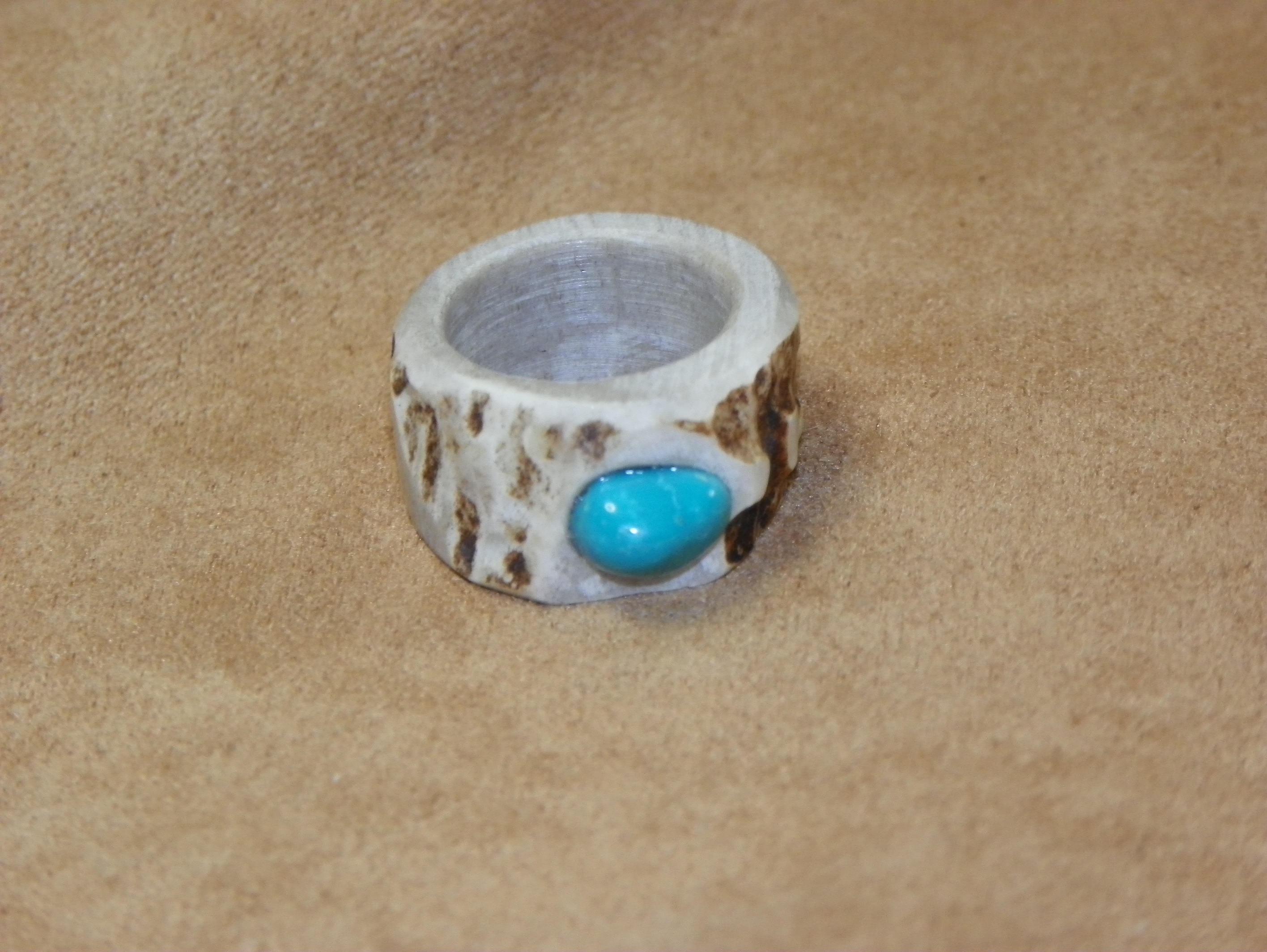 Antler Ring W/Turquoise Inlay, Natural Whitetail Deer Antler Bone Ring ...