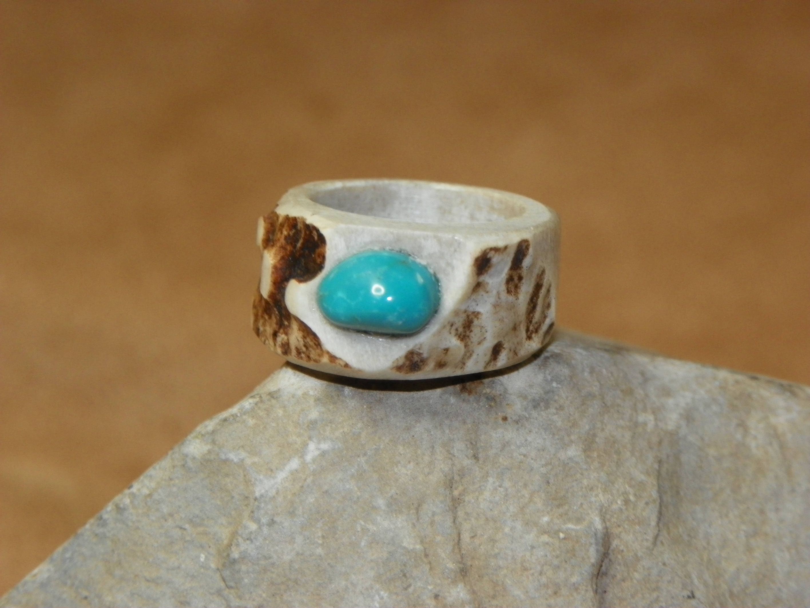 Antler Ring W/Turquoise Inlay, Natural Whitetail Deer Antler Bone Ring ...