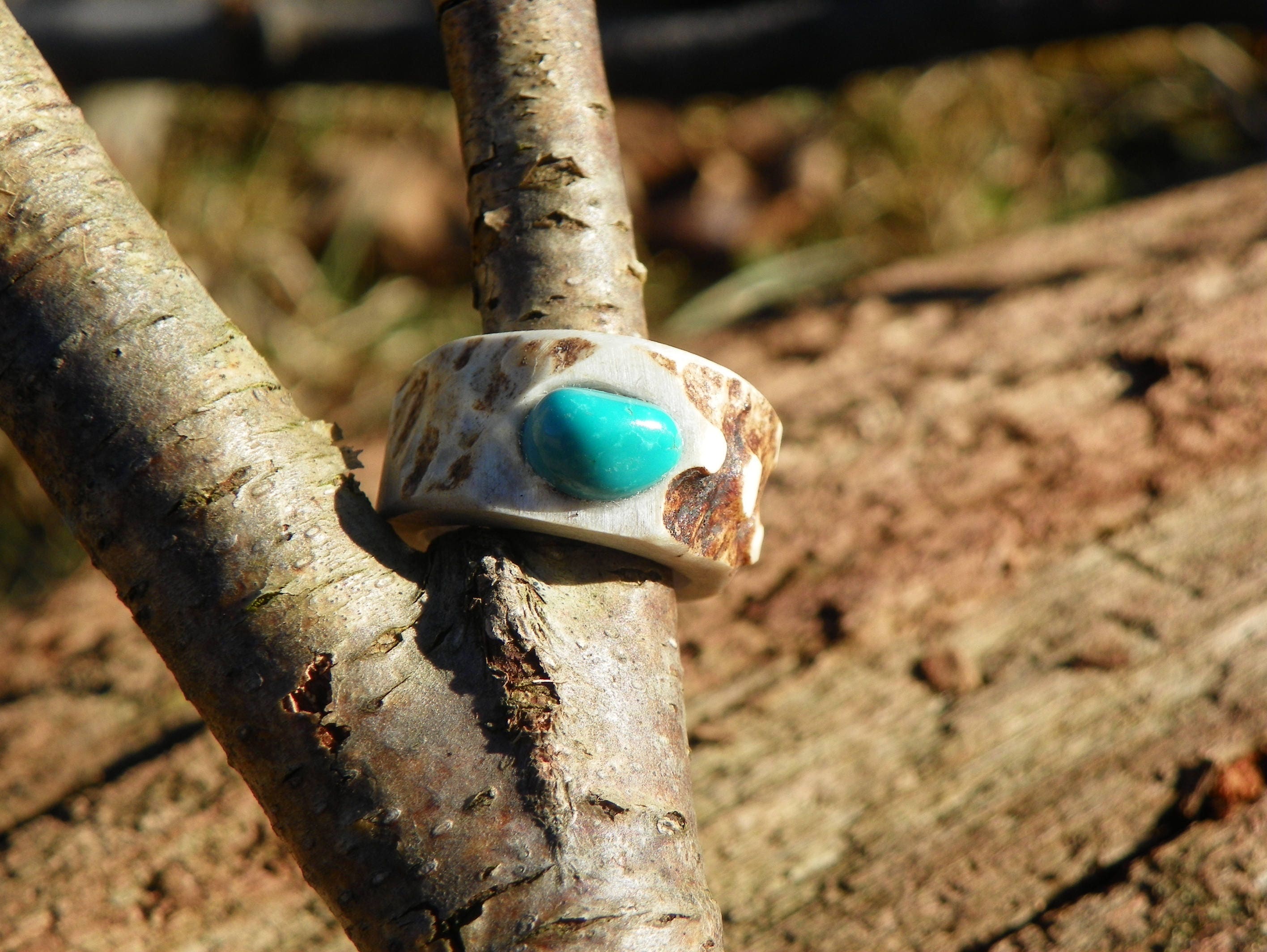 Antler Ring W/Turquoise Inlay, Natural Whitetail Deer Antler Bone Ring ...