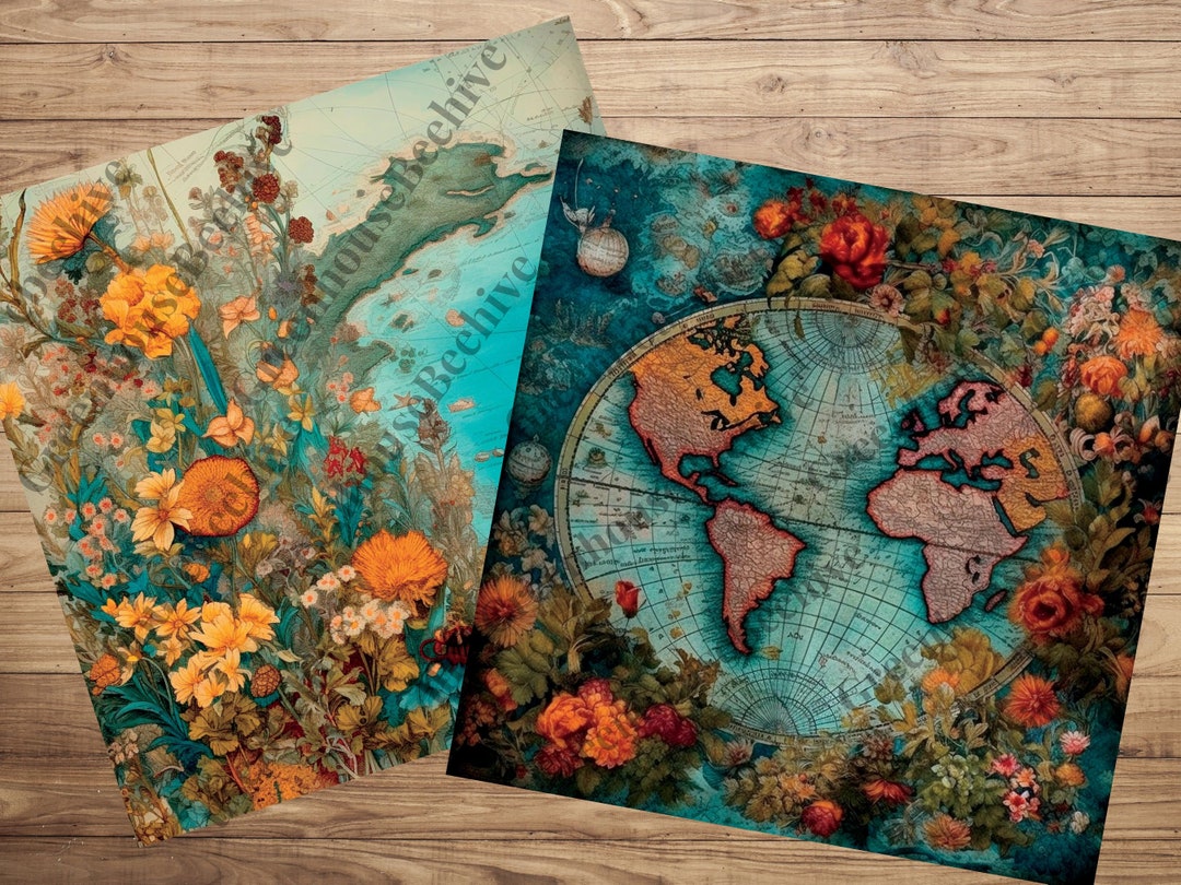 Junk Journal Paper | Vintage Maps and Floral Vignette, Digital Download ...