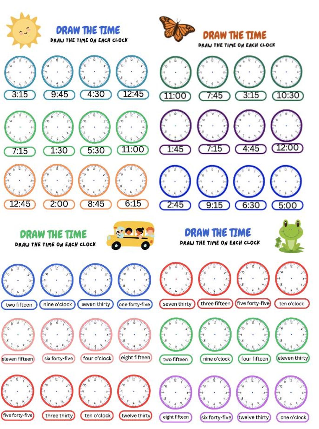 Draw the Time Worksheet, Telling Time Practice, Kids Learning Printable ...