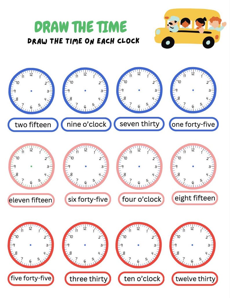 Draw the Time Worksheet, Telling Time Practice, Kids Learning Printable ...