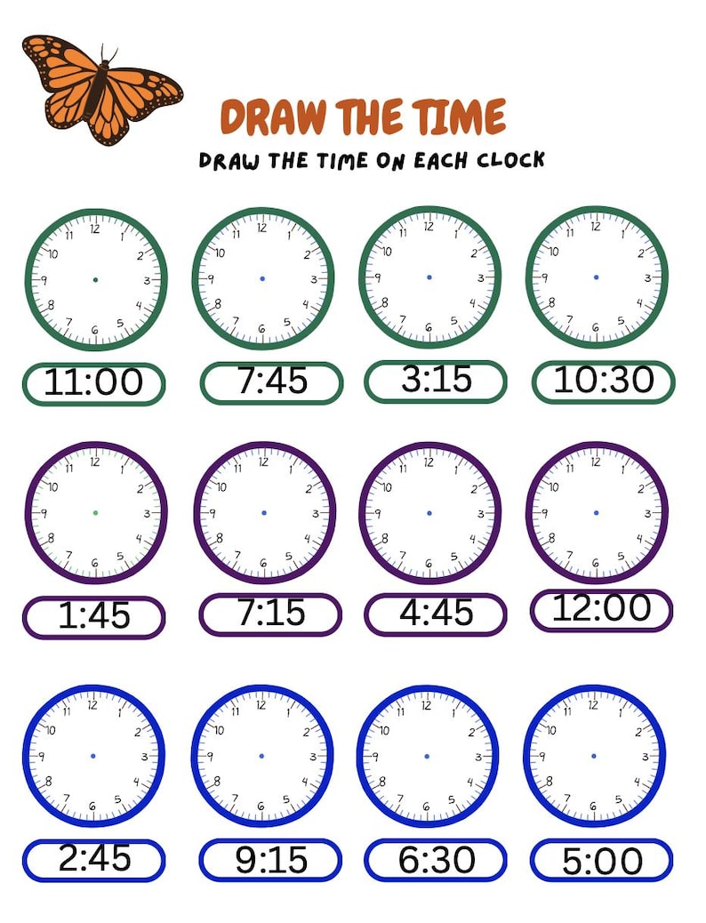 Draw the Time Worksheet, Telling Time Practice, Kids Learning Printable ...