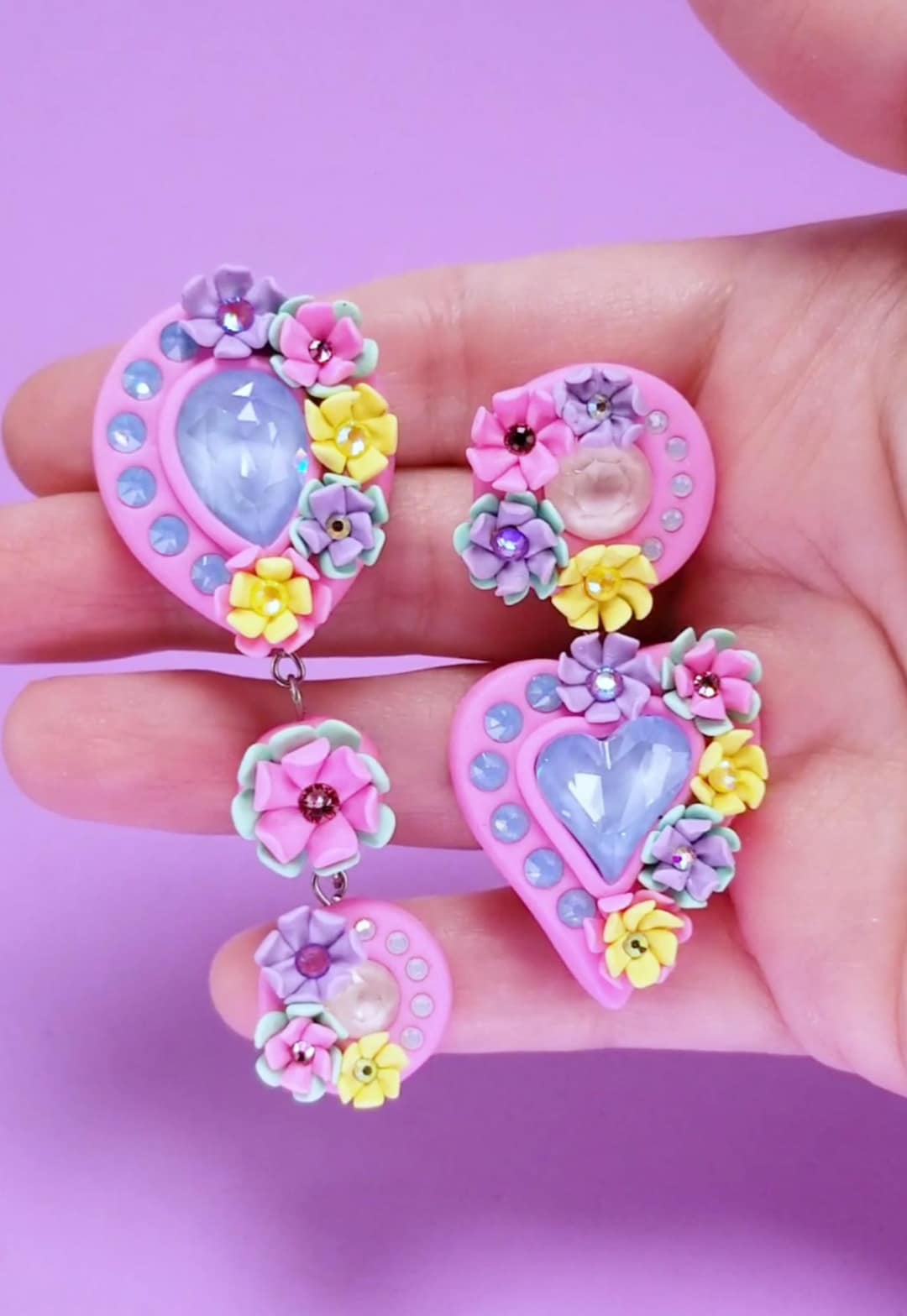Flower Heart Pastel Pink Periwinkle Crystal Earrings - Etsy