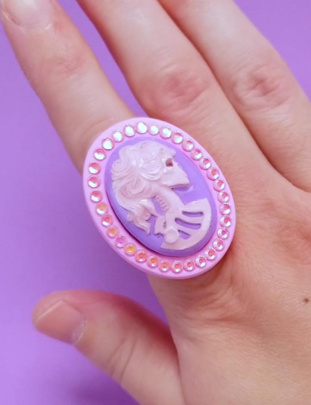 Pastel Goth Kawaii Pink Lilac Skull Cameo Crystal Statement Cocktail ...