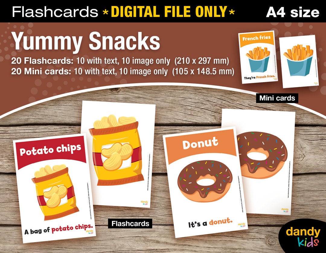 Set of 12 / Yummy Snacks Flashcards / Teaching English / - Etsy