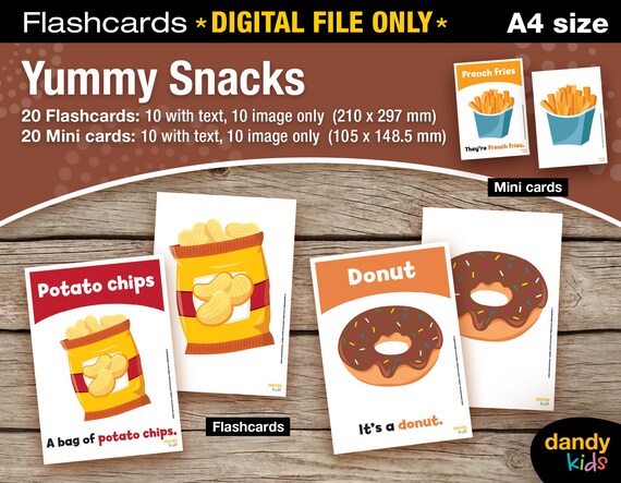 Set of 12 / Yummy Snacks Flashcards / Teaching English / - Etsy