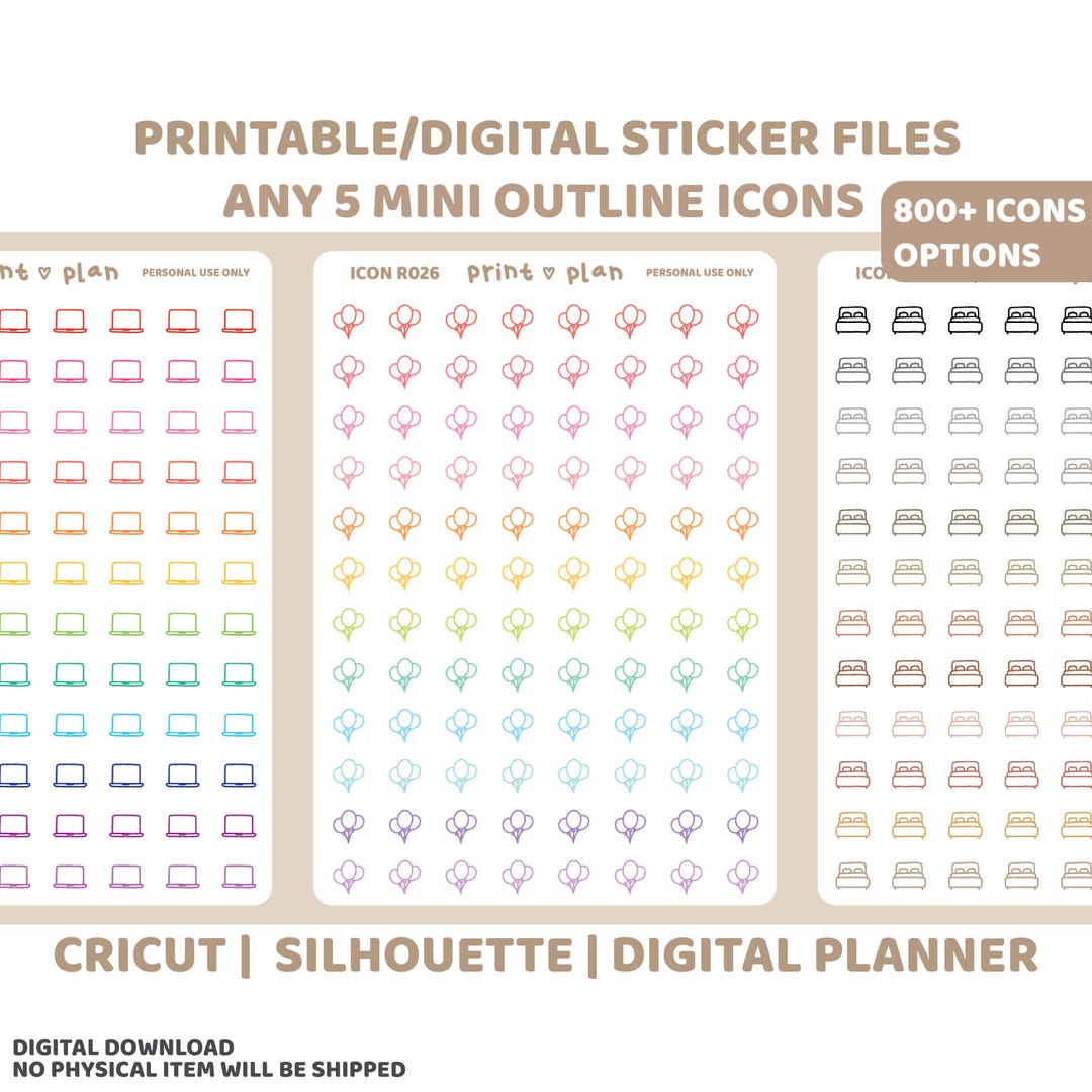 Any 5 Custom Mini Outline Icon Printable Stickers | Digital Planner ...