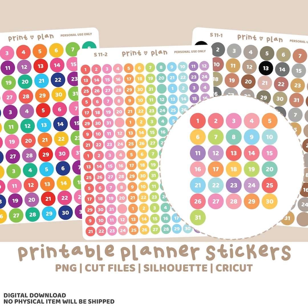 Date Dot Printable Stickers | Digital Planner Sticker Download | Cut ...