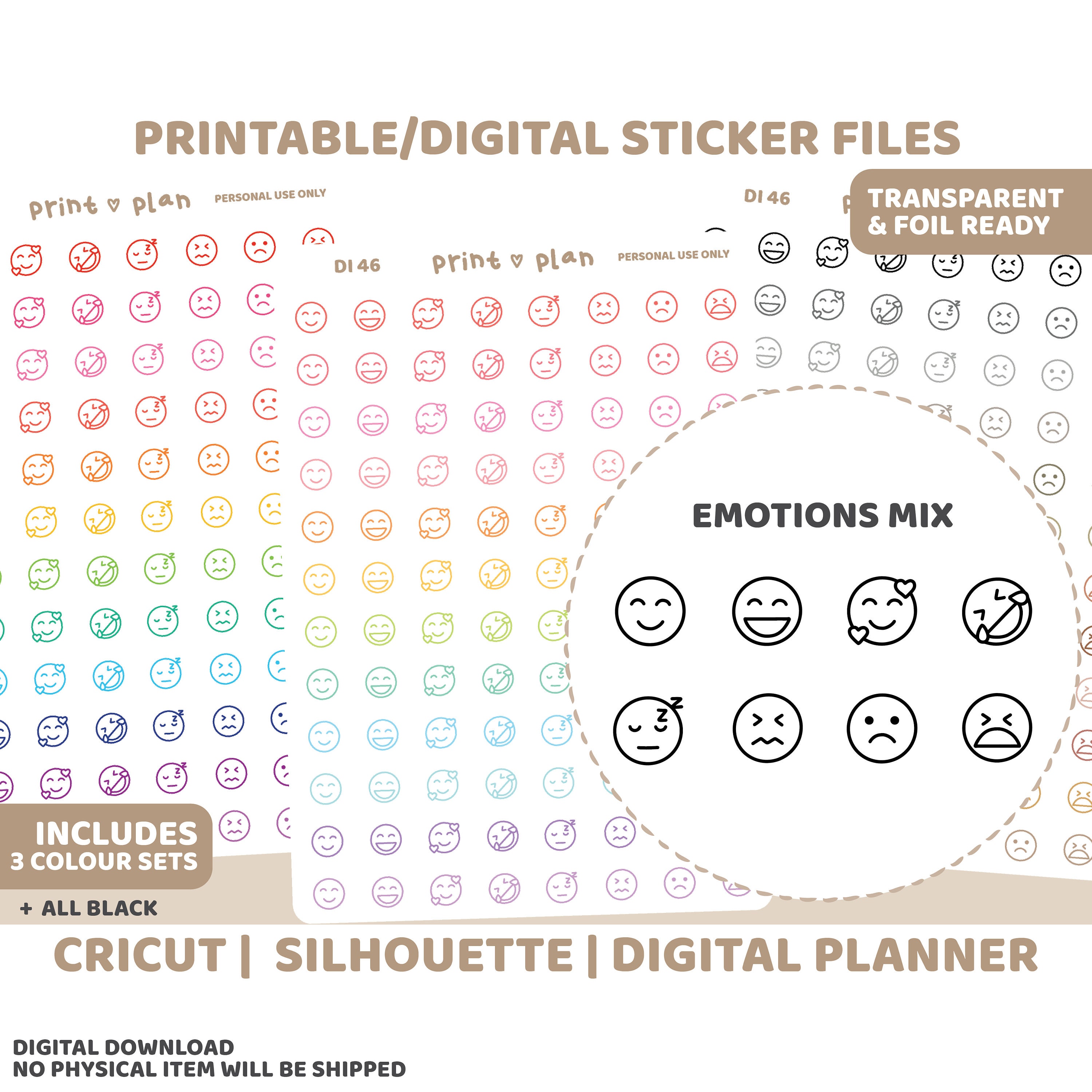 Emotions Icon Printable Stickers | Digital Planner Sticker Download ...