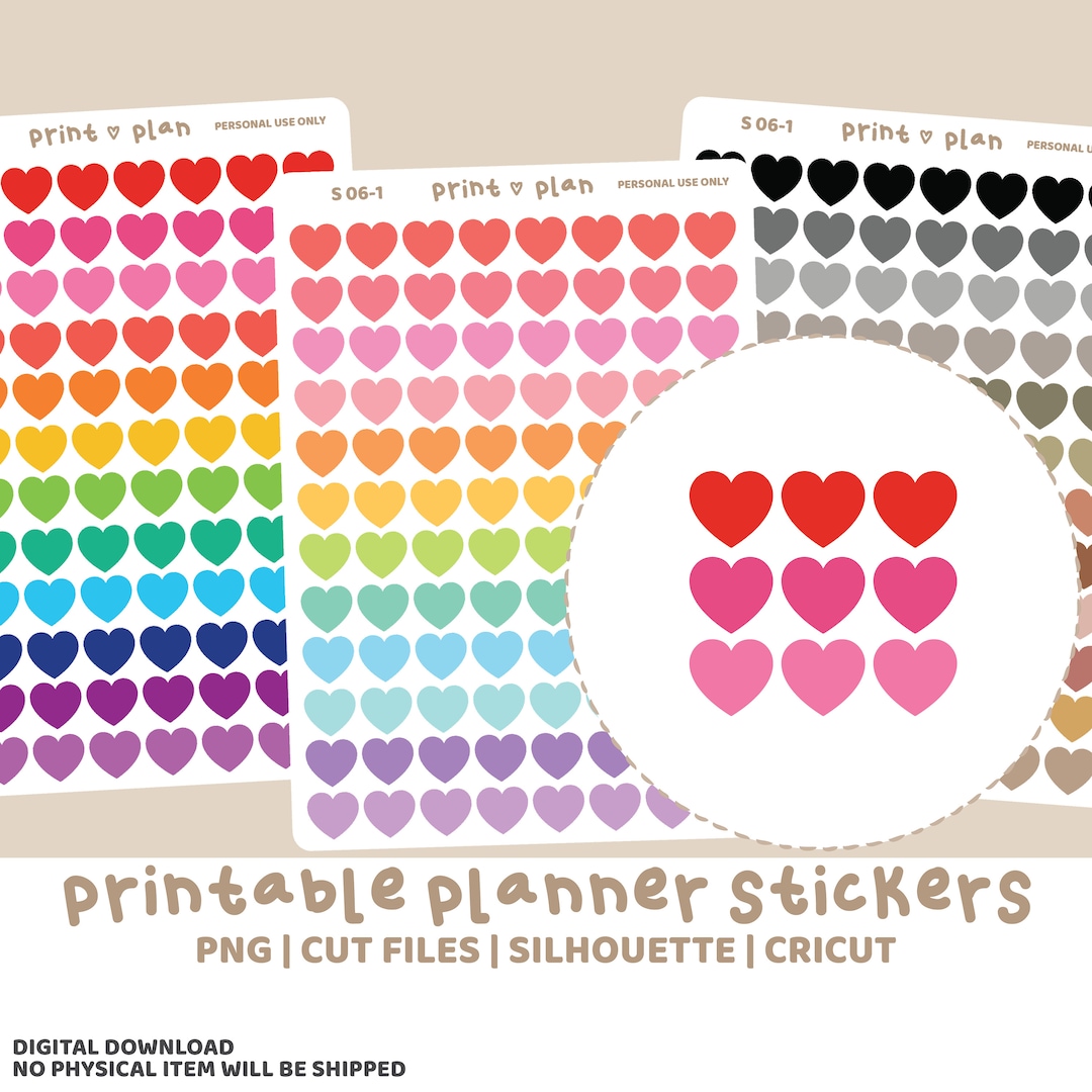 Hearts Printable Stickers Digital Planner Sticker Download Cut Lines ...