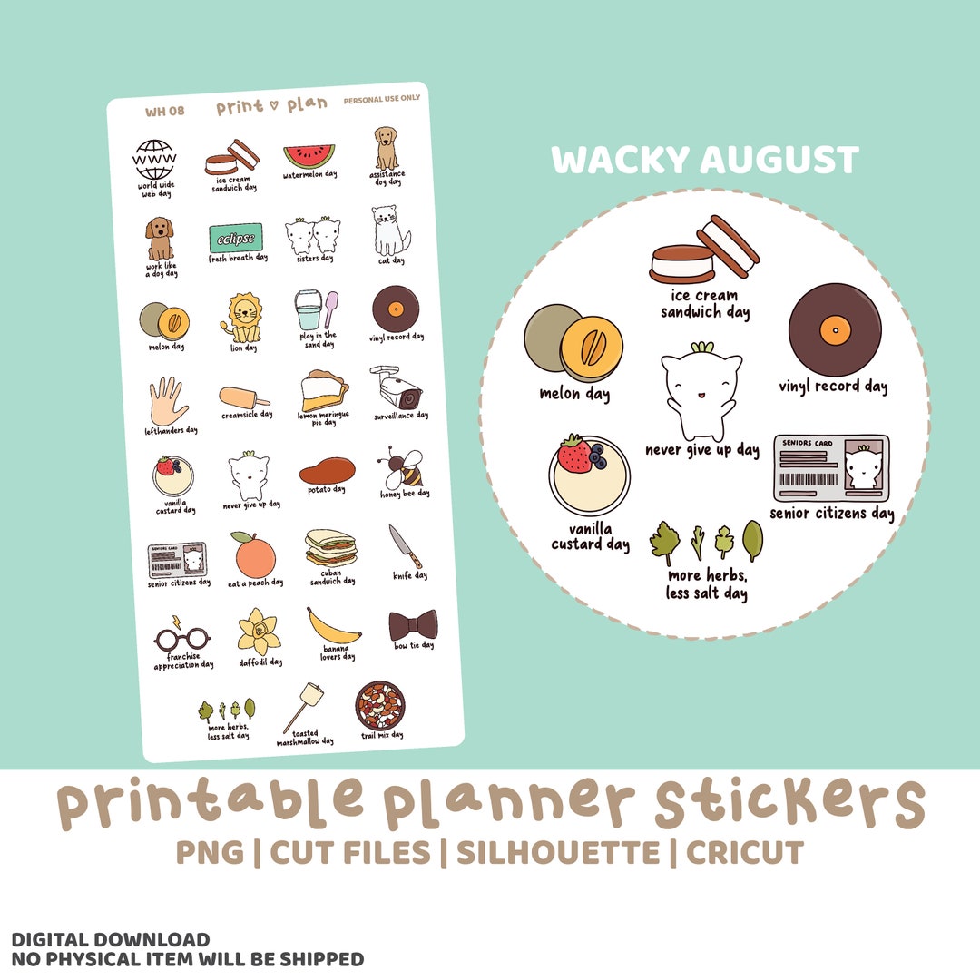 Wacky August Printable Stickers | Digital Planner Sticker Download ...