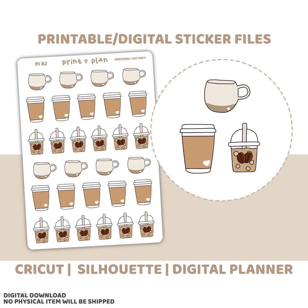 Coffee Printable Stickers Digital Planner Sticker Download Cut Lines ...