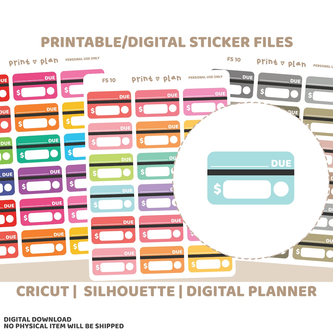 Card Bill Due Printable Stickers | Digital Planner Sticker Download ...
