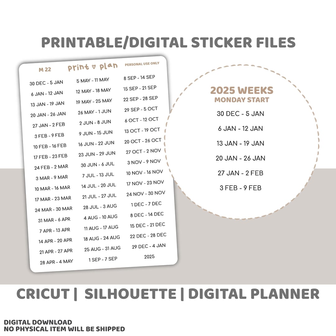 2025 Weeks Printable Minimal Font Stickers | Digital Planner Sticker ...