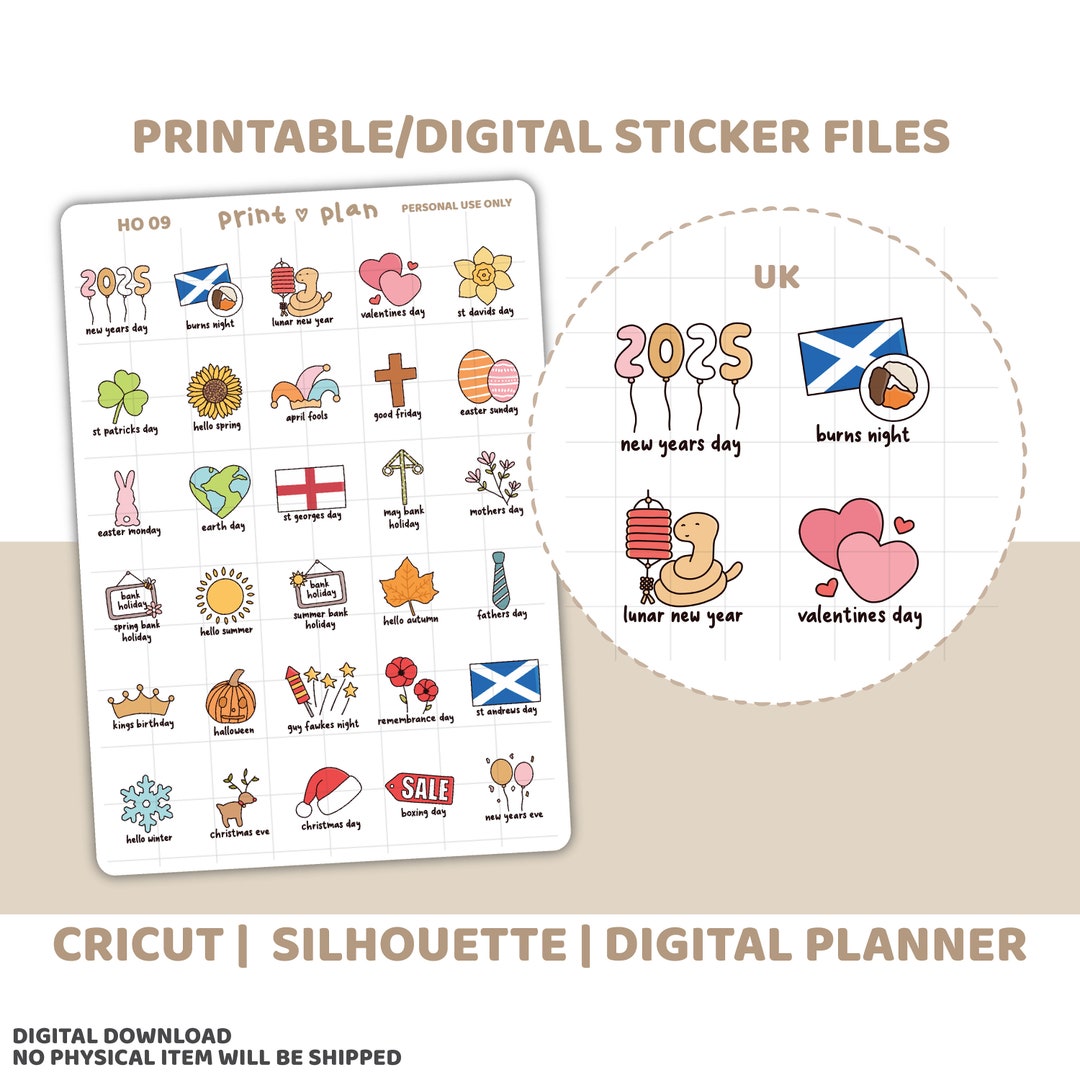 2025 UK Holiday Printable Stickers | Digital Planner Sticker Download ...