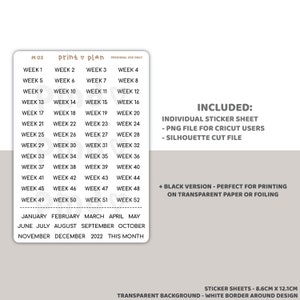 52 Weeks Printable Minimal Font Stickers Digital Planner Sticker ...