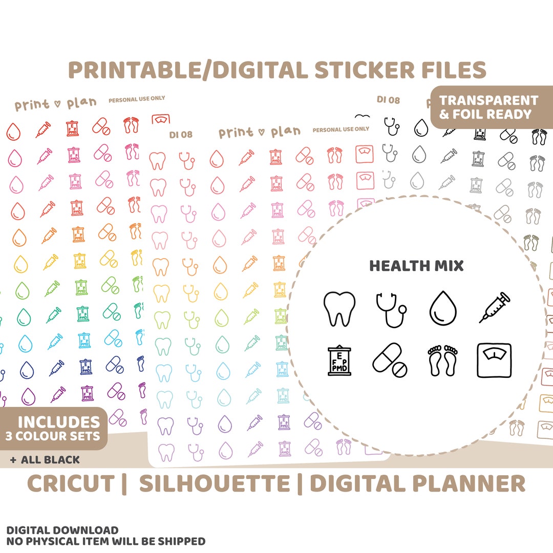 Health Icon Printable Stickers | Digital Planner Sticker Download | Cut ...