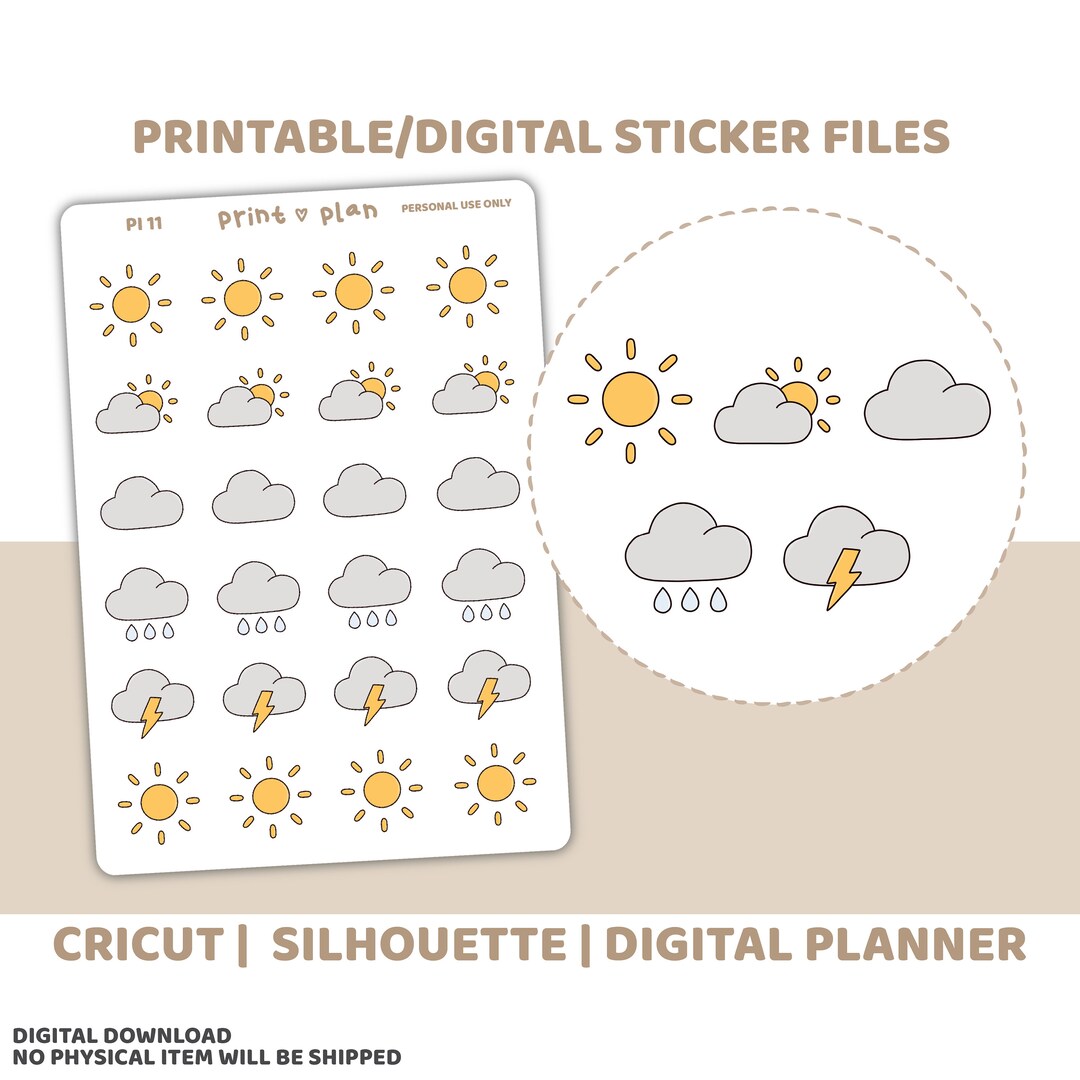 Weather Printable Stickers Digital Planner Sticker Download Cut Lines ...