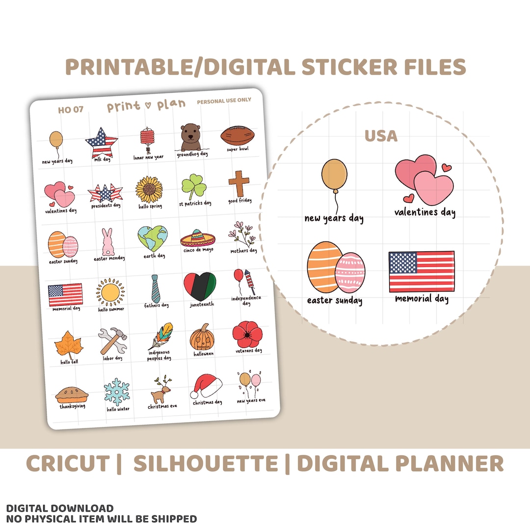 USA Holiday Printable Stickers | Digital Planner Sticker Download | Cut ...