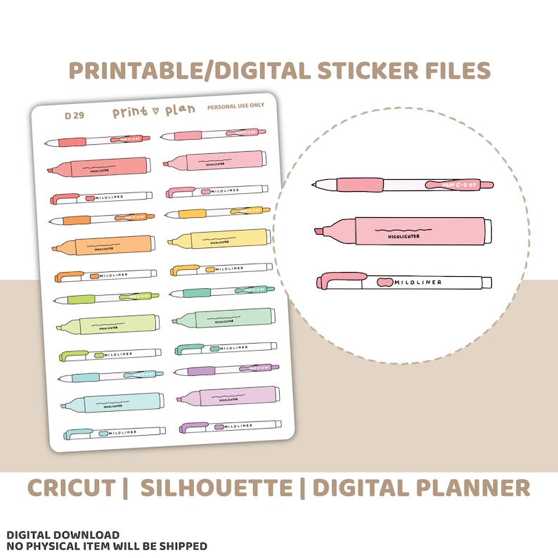 Pen Doodles Printable Stickers | Digital Planner Sticker Download | Cut ...