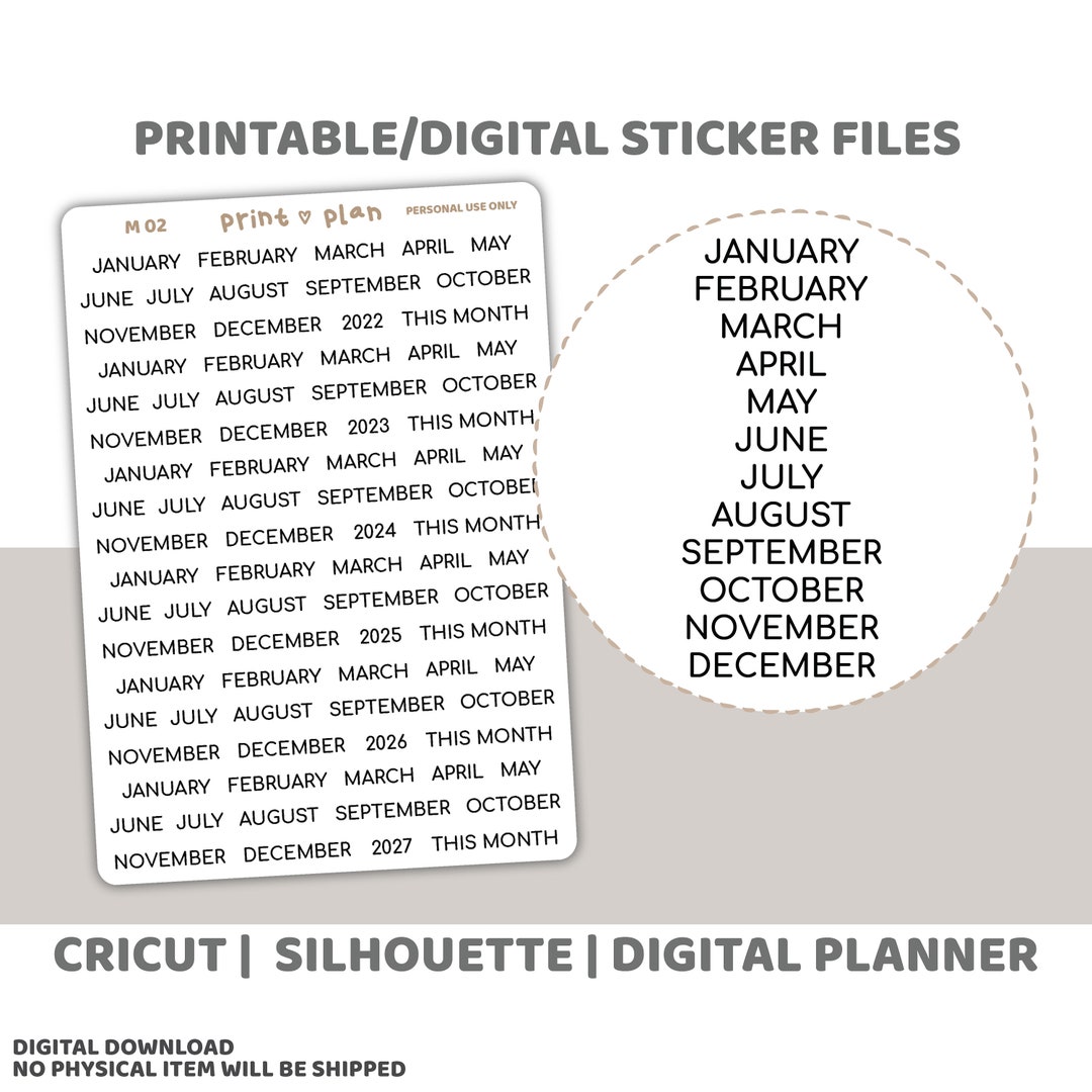 Months Printable Minimal Font Stickers | Digital Planner Sticker ...